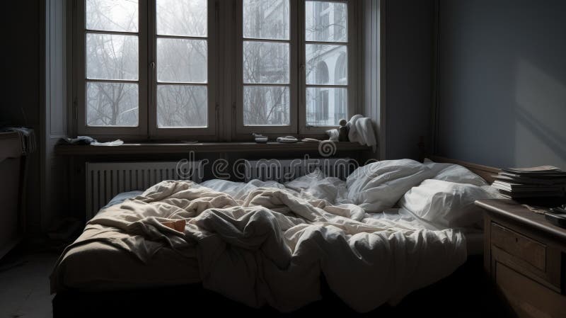 Dirty Bed in Bedroom with Mattress and Sheets Not Cleaned, Mess. AI ...