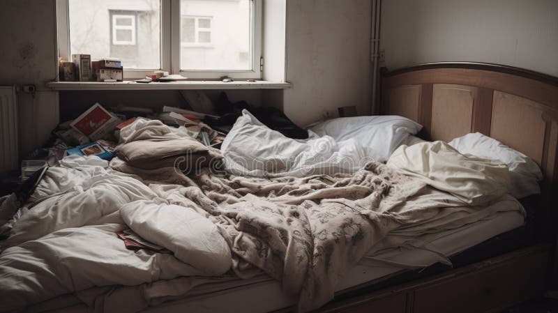 Dirty Bed in Bedroom with Mattress and Sheets Not Cleaned, Mess. AI ...