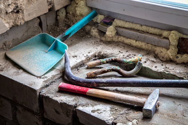 Dirty Building Tools on the Window Sill Stock Image - Image of hammer ...