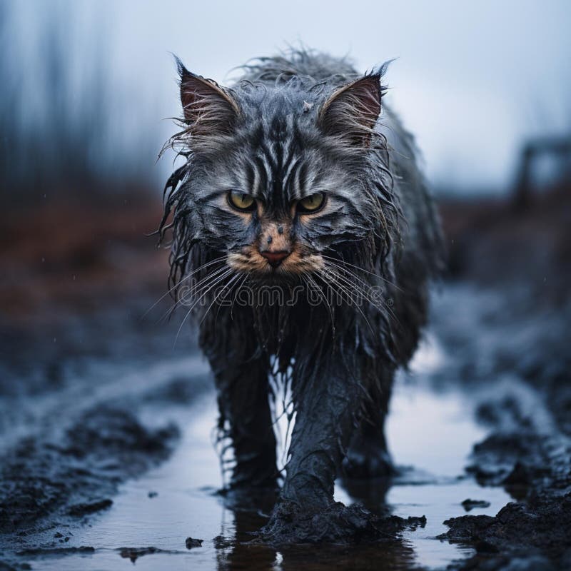 Dirty Cat Walking Along a Dirt Path in a Forest, AI-generated. Stock ...
