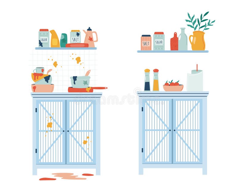 Dirty and Clean Kitchen - before and after Concept. Stock Vector ...