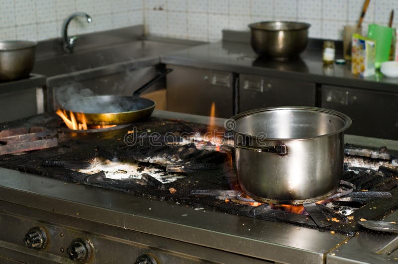 Dirty Commercial Kitchen Interior Stock Image - Image of stove, fire ...