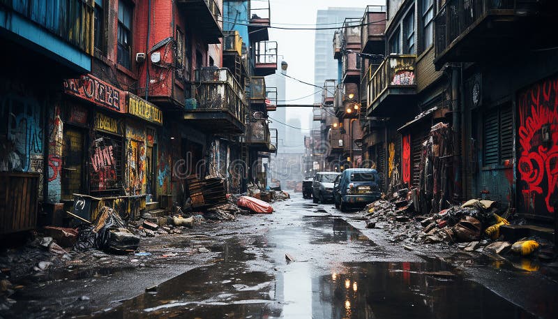 Dirty, Damaged City Street Illuminated by Broken Street Light Generated ...