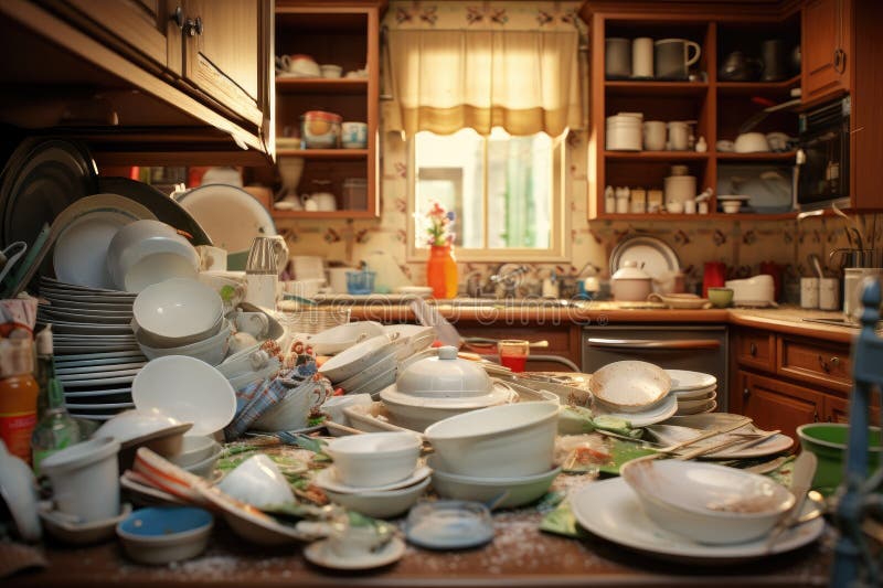 Dirty Dishes on the Table in the Kitchen of an Old House, Mess in ...