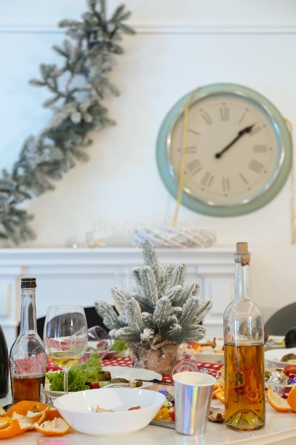 Dirty Dishes on Table in Room. Mess after New Year Party Stock Photo ...