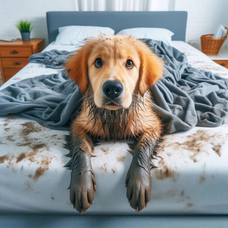 Dirty Dog Lying on the Bed. Stock Illustration - Illustration of ...