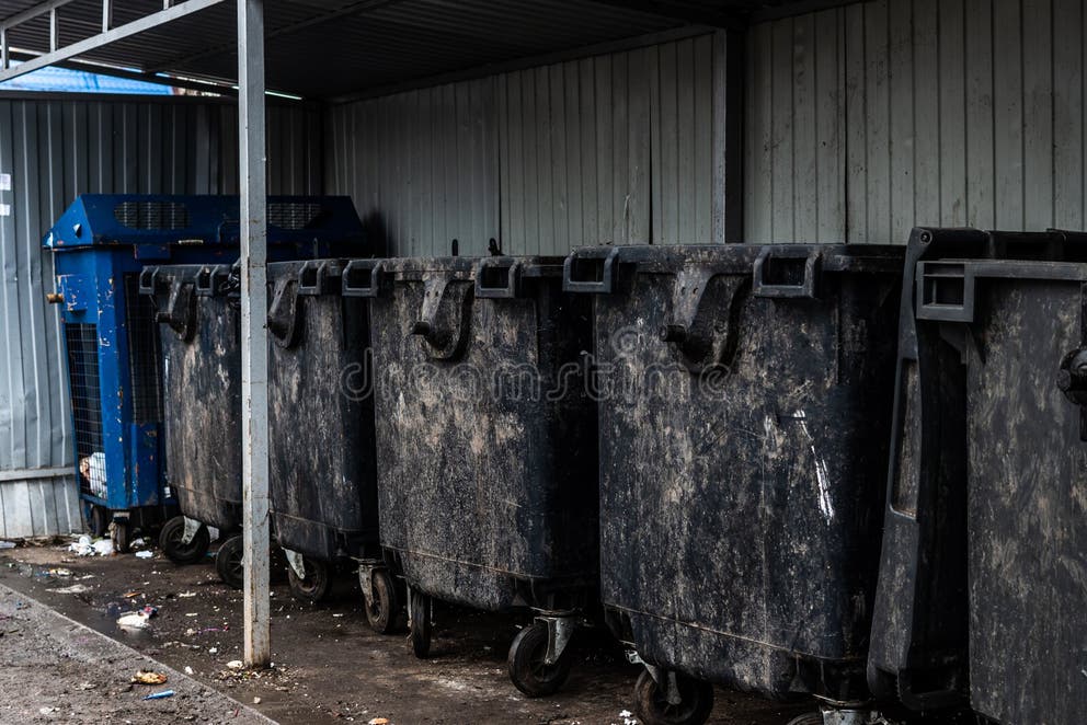 Dirty Garbage Containers Under the Canopy. Selective Focus Stock Photo ...