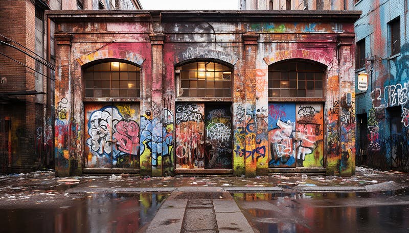 Dirty Graffiti on Old Building, Illuminated by Night, Creates Chaos ...