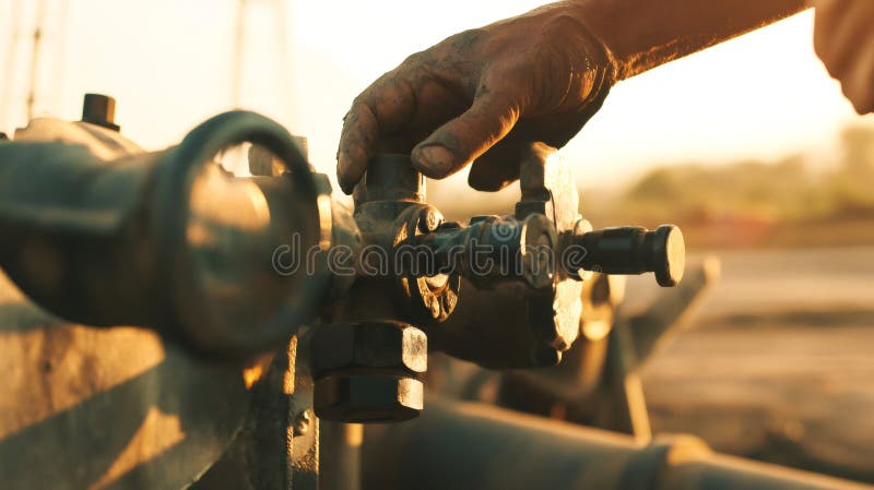Oil Worker Adjusting Valve on a Pump at Sunset in the Oilfield Stock ...