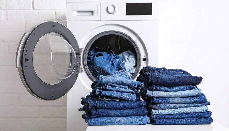 Dirty Jeans in Washing Machine and Other Jeans Clothes Closed. Stock ...