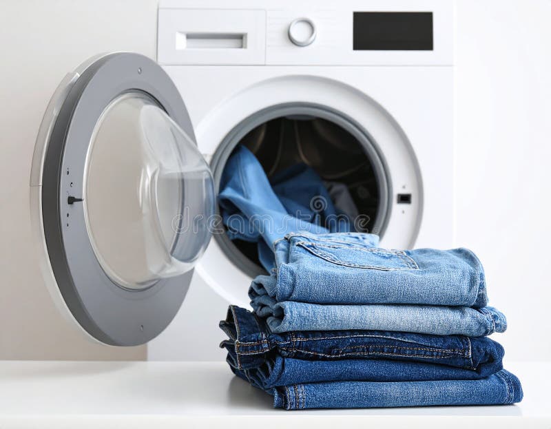 Dirty Jeans in Washing Machine and Other Jeans Clothes Closed. Stock ...