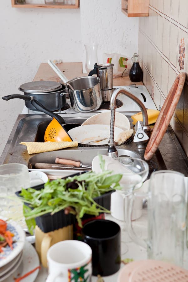 Dirty Kitchen with Crockery, Leftovers, Messy Kitchenware Stock Photo ...