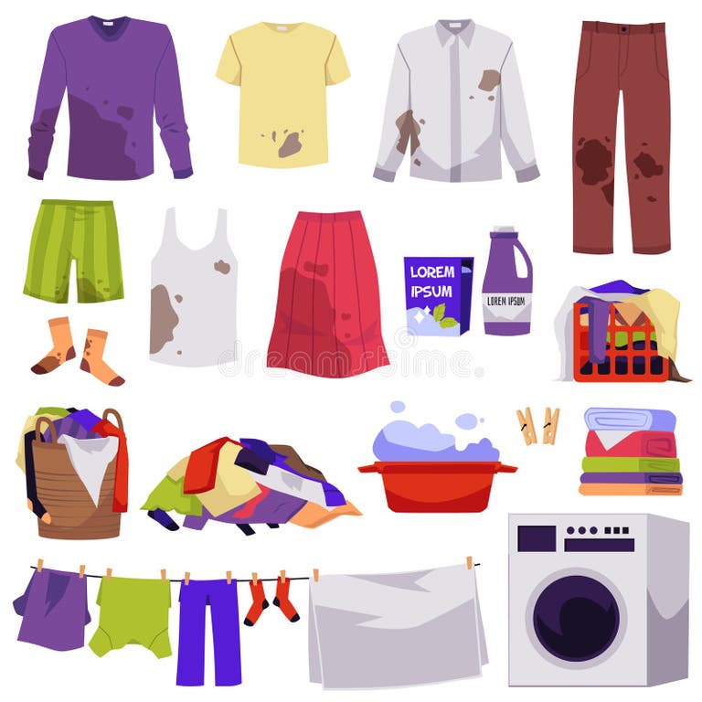 Dirty and Messy Clothes, Laundry Day Elements Set - Flat Vector ...