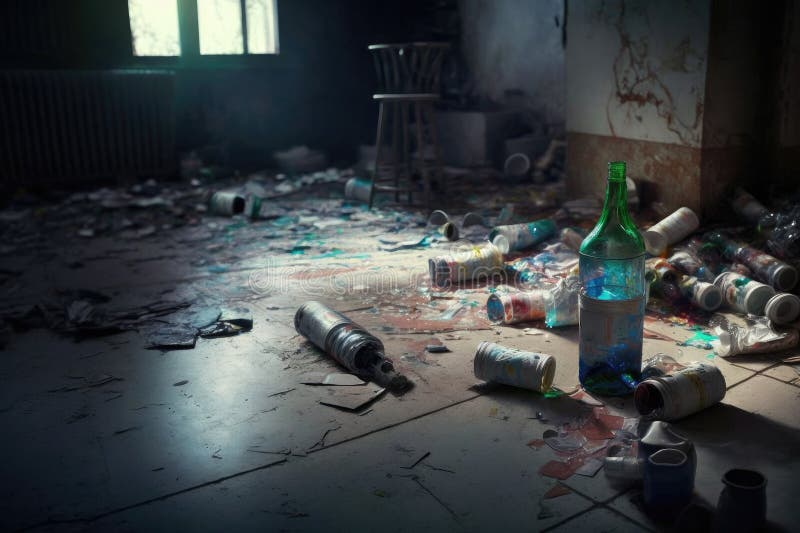 Dirty Messy Room after Party with Empty Bottles and Glasses on Floor ...