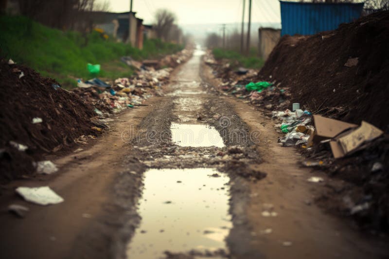 Dirty Mud Road Littered with Large Garbage and Overflowing Overflowing ...