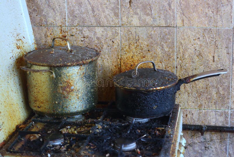 Dirty Neglected Gas Stove with Two Old Dirty Pots Stock Photo - Image ...
