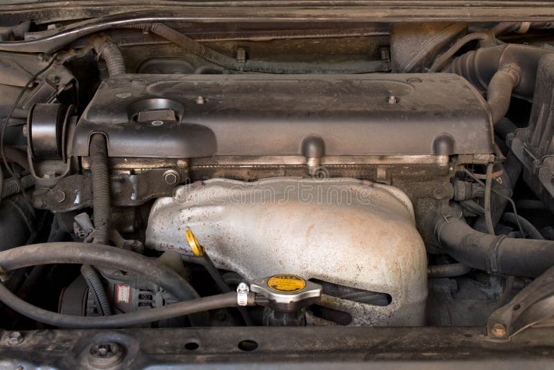 Dirty and Old Car Engine . in the Garage Stock Photo - Image of ...