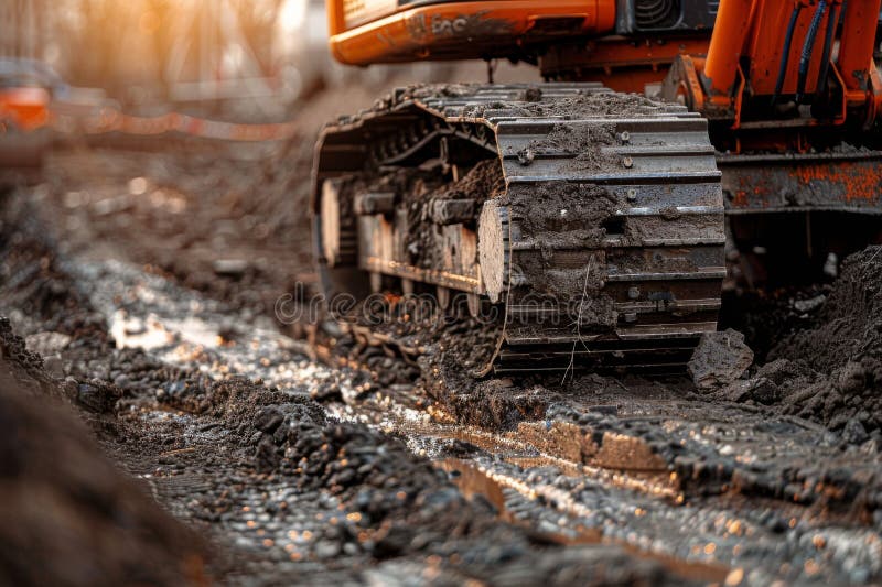 A Dirty Orange Construction Vehicle with Mud on Its Tracks Stock Photo ...