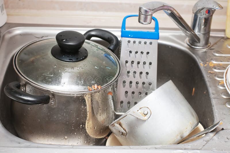 Dirty Pan and Pot in the Sink Stock Photo - Image of grater, faucet ...
