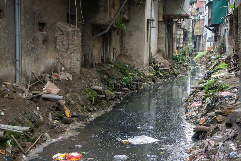Dirty Polluted Waste Water in Big City with Garbages. Environment ...