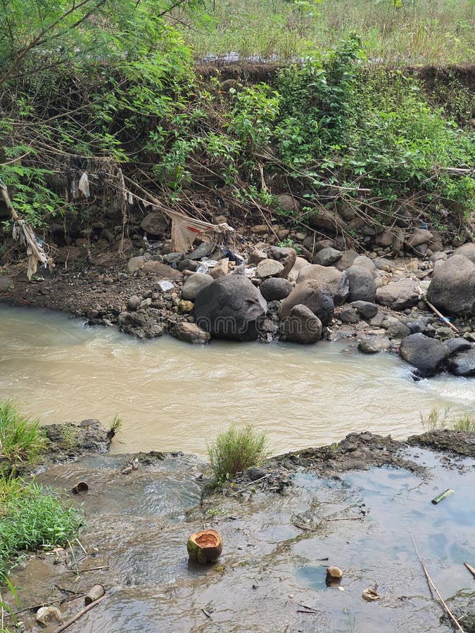 Dirty River with Some Garbage on the Riverside Stock Photo - Image of ...