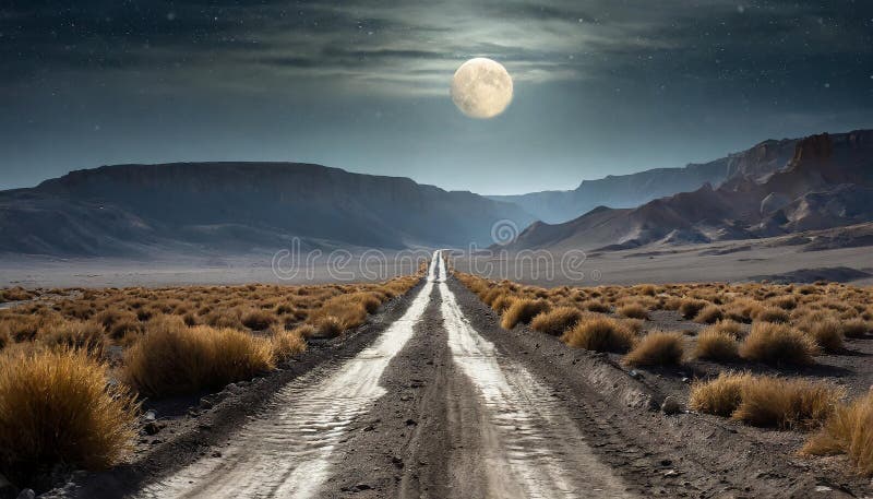 Dirty Road Leading through Dry Valley with Large Moon at the End Stock ...