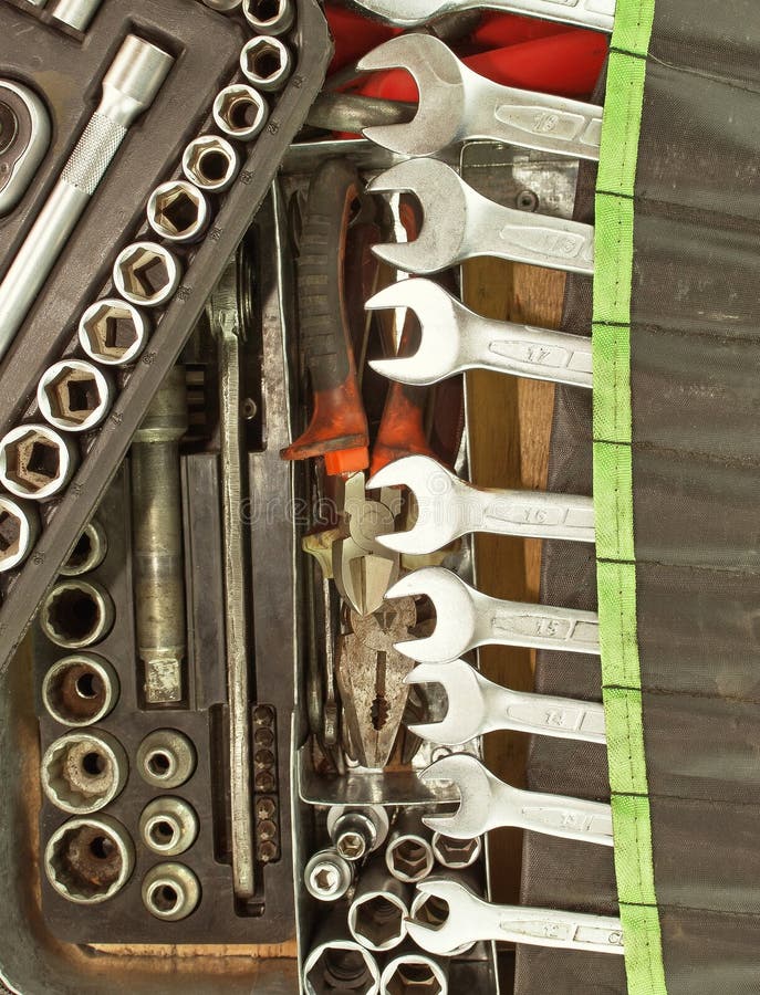 Dirty Set of Hand Tools on a Vintage Background Stock Photo - Image of ...