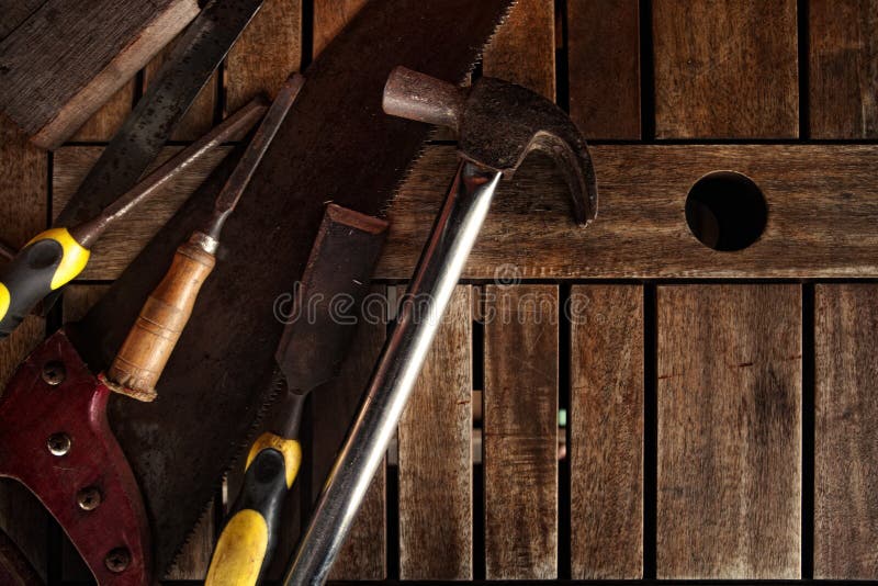 Dirty Set of Hand Tools on Wooden Panel Stock Image - Image of dark ...