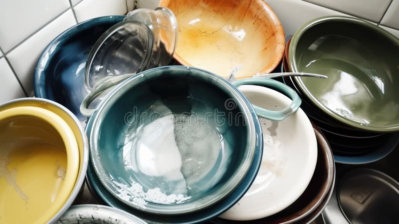 Dirty Unwashed Dishes with Leftover Food. Kitchen Interior, Sink. AI ...