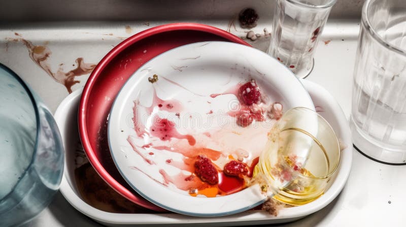 Dirty Unwashed Dishes with Leftover Food. Kitchen Interior, Sink. AI ...