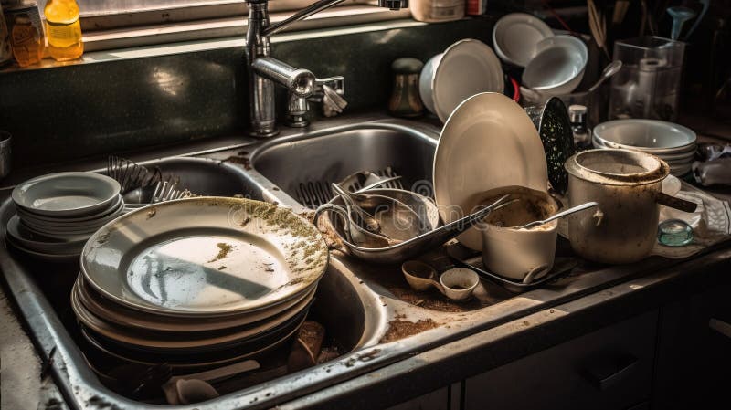 Dirty Unwashed Dishes with Leftover Food. Kitchen Interior, Sink. AI ...