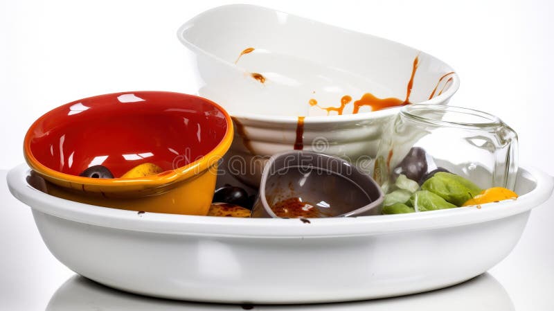 Dirty Unwashed Dishes with Leftover Food. Clutter Concept. White ...
