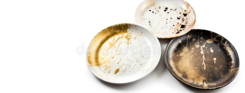 Dirty Unwashed Dishes with Leftover Food. Clutter Concept. White ...