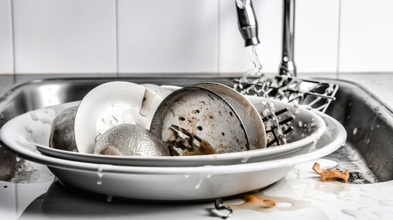 Dirty Unwashed Dishes with Leftover Food. Kitchen Interior, Sink. AI ...