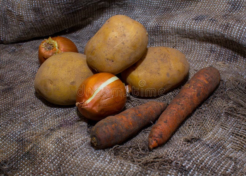 Dirty vegetables on burlap stock photo. Image of agriculture - 51232044
