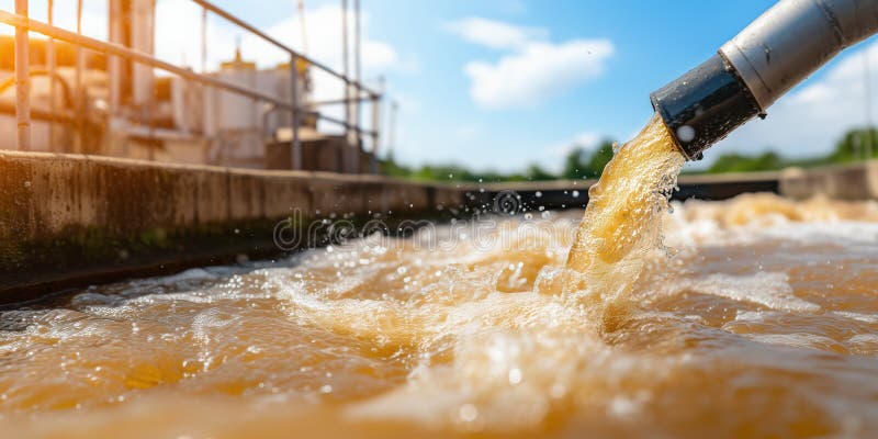 Dirty Water Flowing from Pipe into River, Creating Ripples and Splashes ...