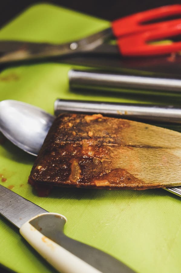 Dirty wooden spoon stock photo. Image of green, focus - 85922090