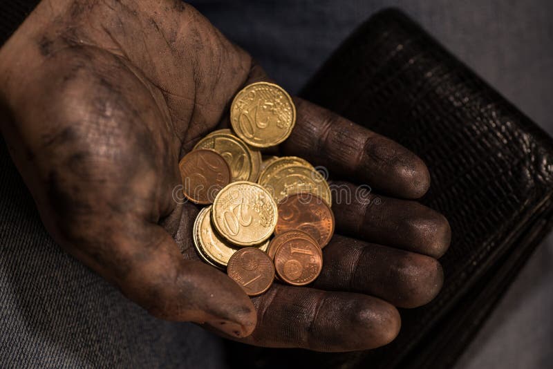 Dirty Working Hands of a Man with Money Coins. a Poor Man in Need of ...