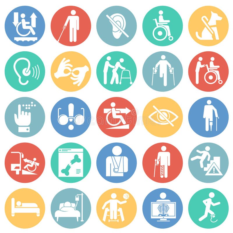 Disability Icons Set on Color Circles White Background for Graphic and ...