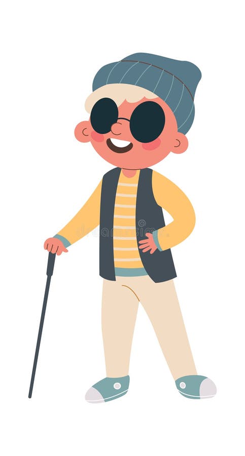 Disability Kid Flat Icon Boy with Glasses and Blind Guide Stick Stock ...