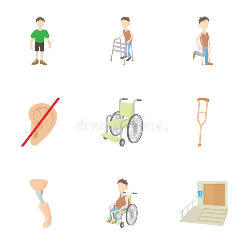 Disability People Icons Set, Cartoon Style Stock Vector - Illustration ...
