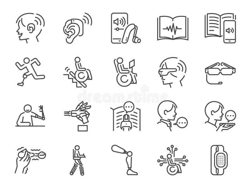 Disability with Technology Line Icon Set. Included the Icons As ...