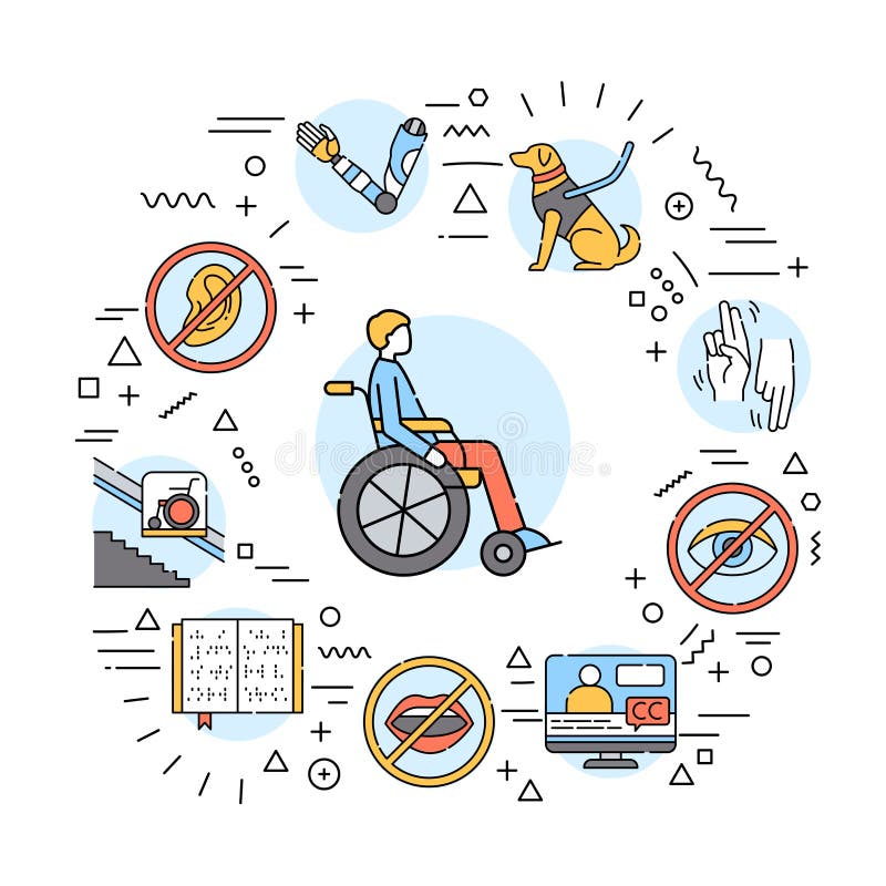 Disability Web Banner. Infographics with Linear Icons Stock Vector ...