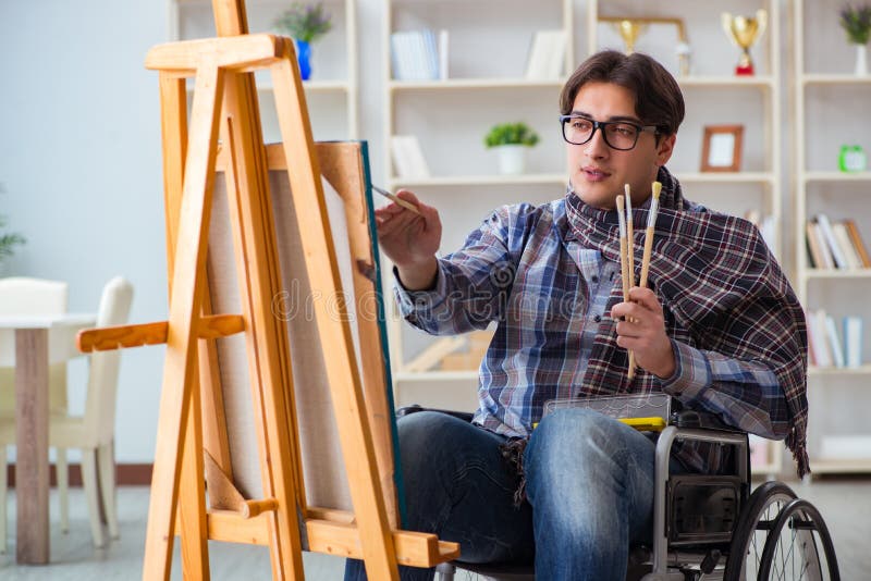 The Disabled Artist Painting Picture in Studio Stock Image - Image of ...
