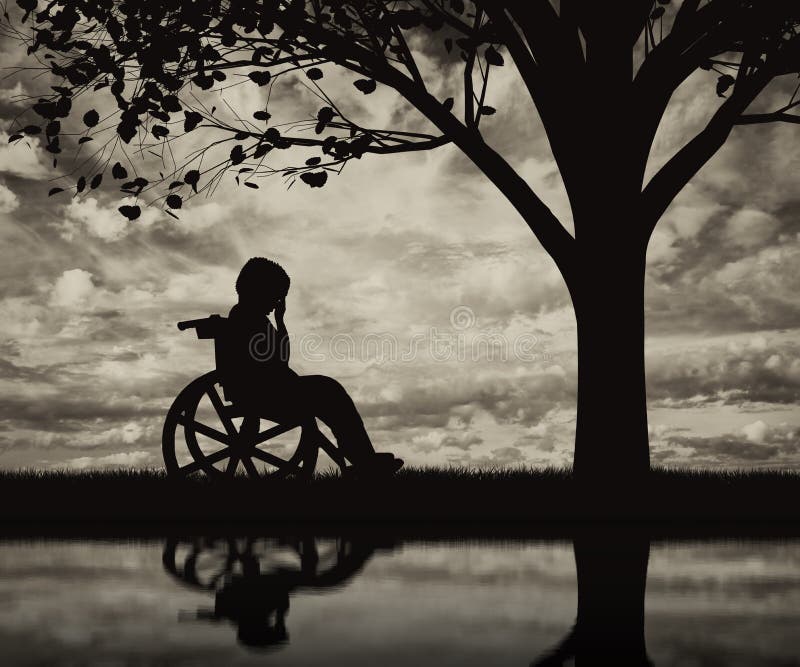 Disabled Child in a Wheelchair Crying Near Tree on Beach Stock Photo ...