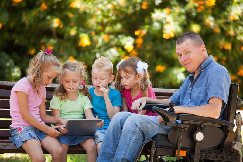 Disabled Father with Children Stock Photo - Image of friendship, family ...