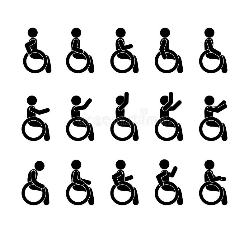 Disabled Person Icon. Various Gestures and Postures, Stick Figure ...