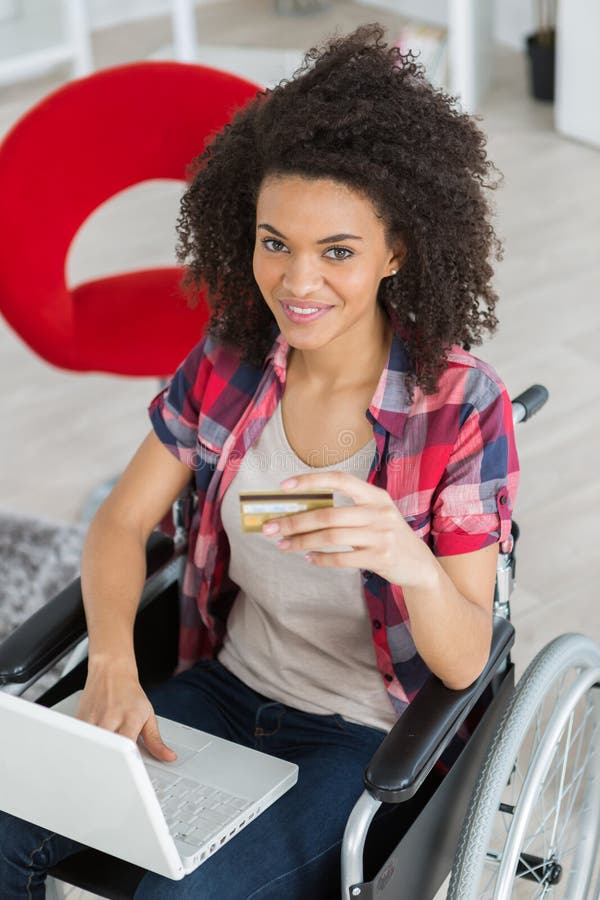 Disabled Lady Buying Online Stock Image - Image of studying, chair ...