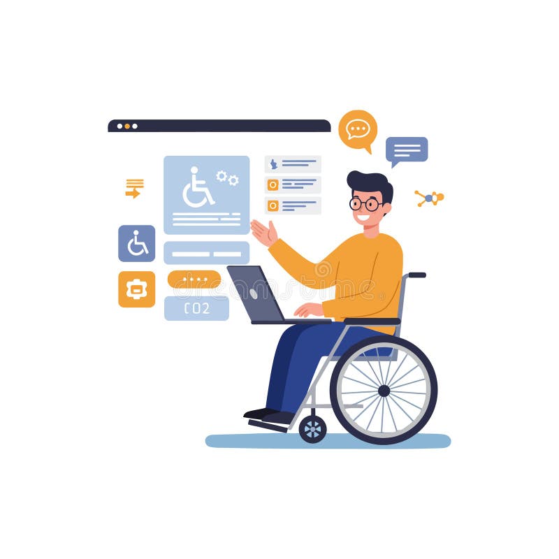 Disabled Man Using Laptop with Accessibility Technology Interface ...