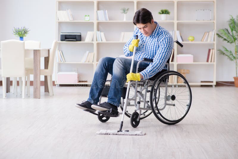 The Disabled Man on Wheelchair Cleaning Home Stock Image - Image of ...